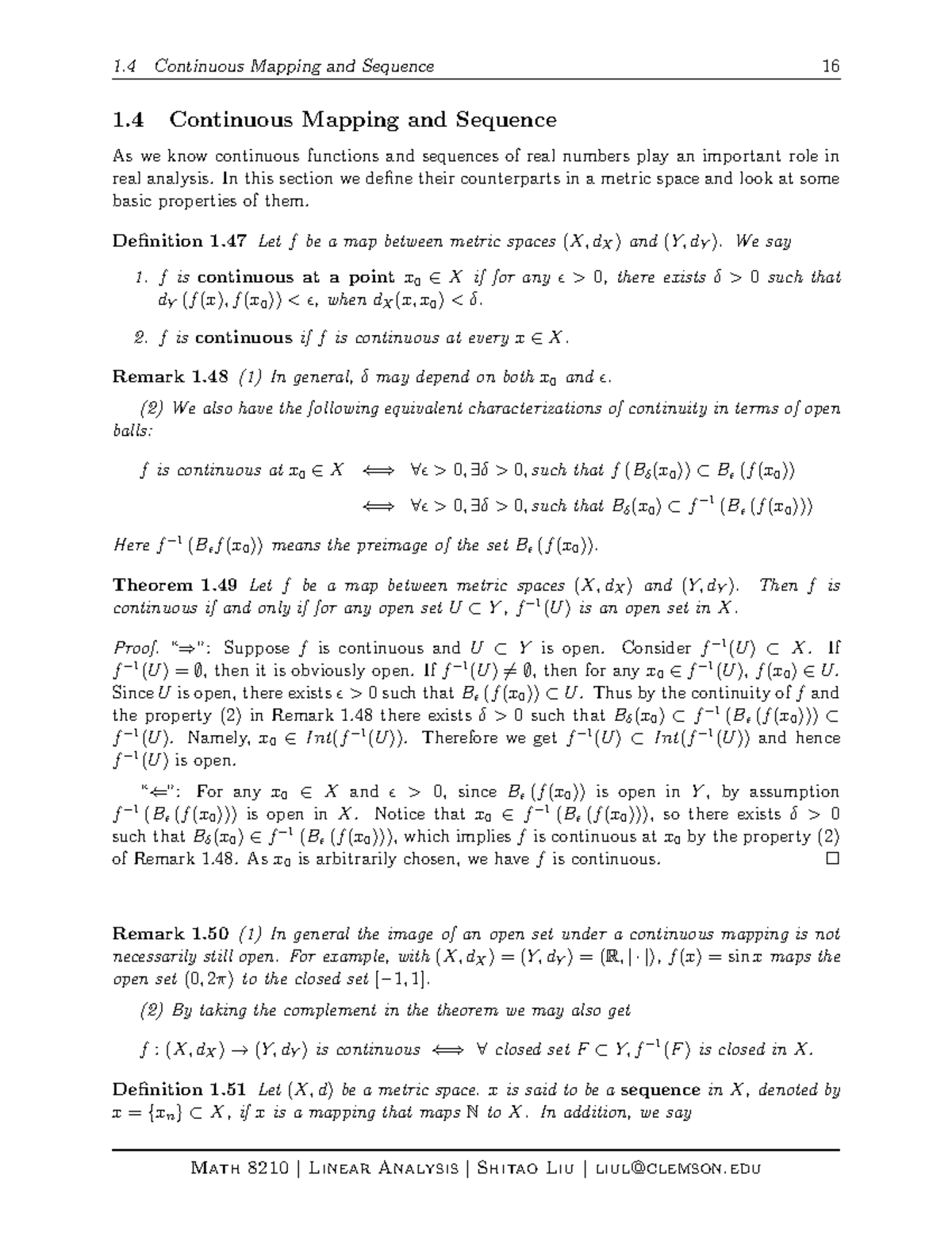 Section 1 Math8210 Lecture Notes 1 Continuous Mapping And Sequence 16 1 Continuous Mapping