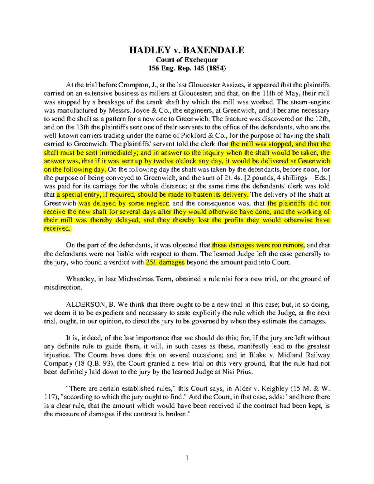 Hadley v. Baxendale Case (1854) - 1 HADLEY v. BAXENDALE Court of ...