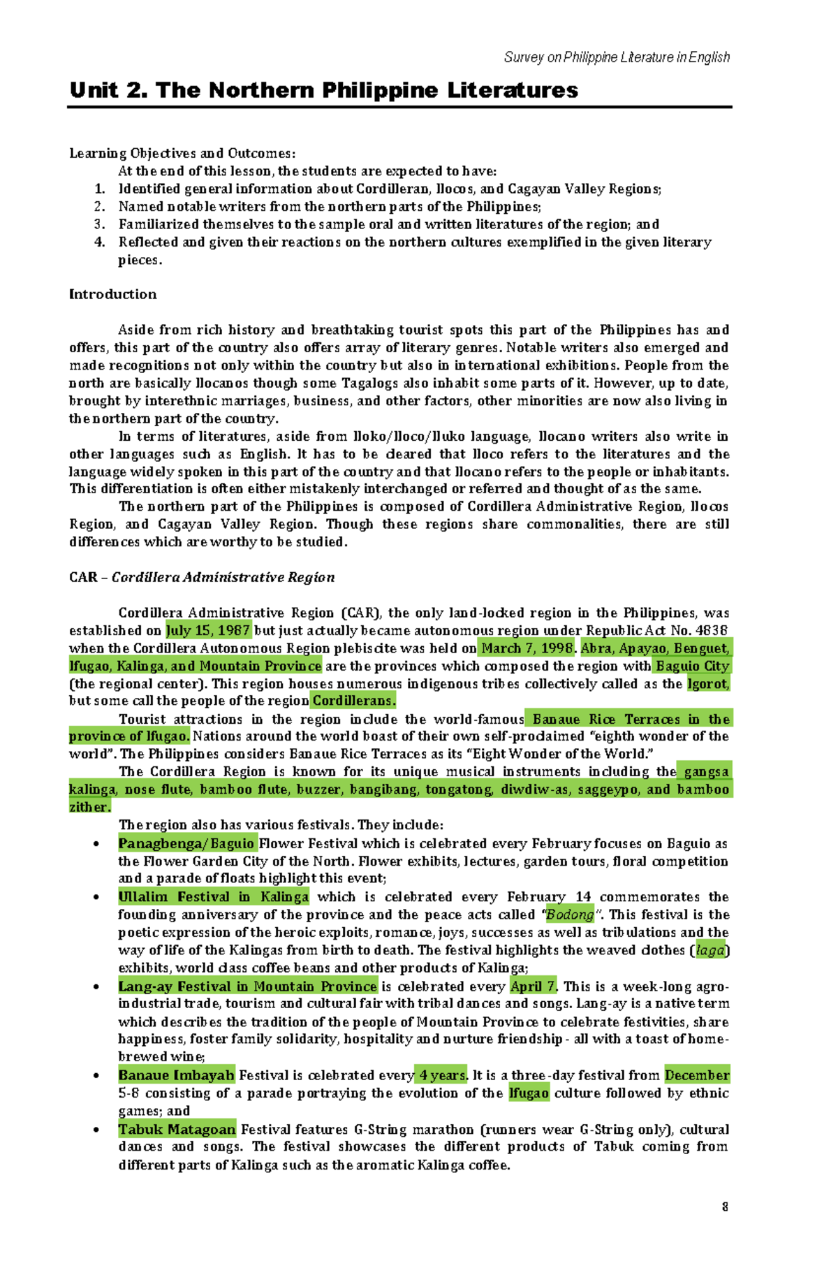 Module Survey of Philippines Literature - Unit 2. The Northern ...