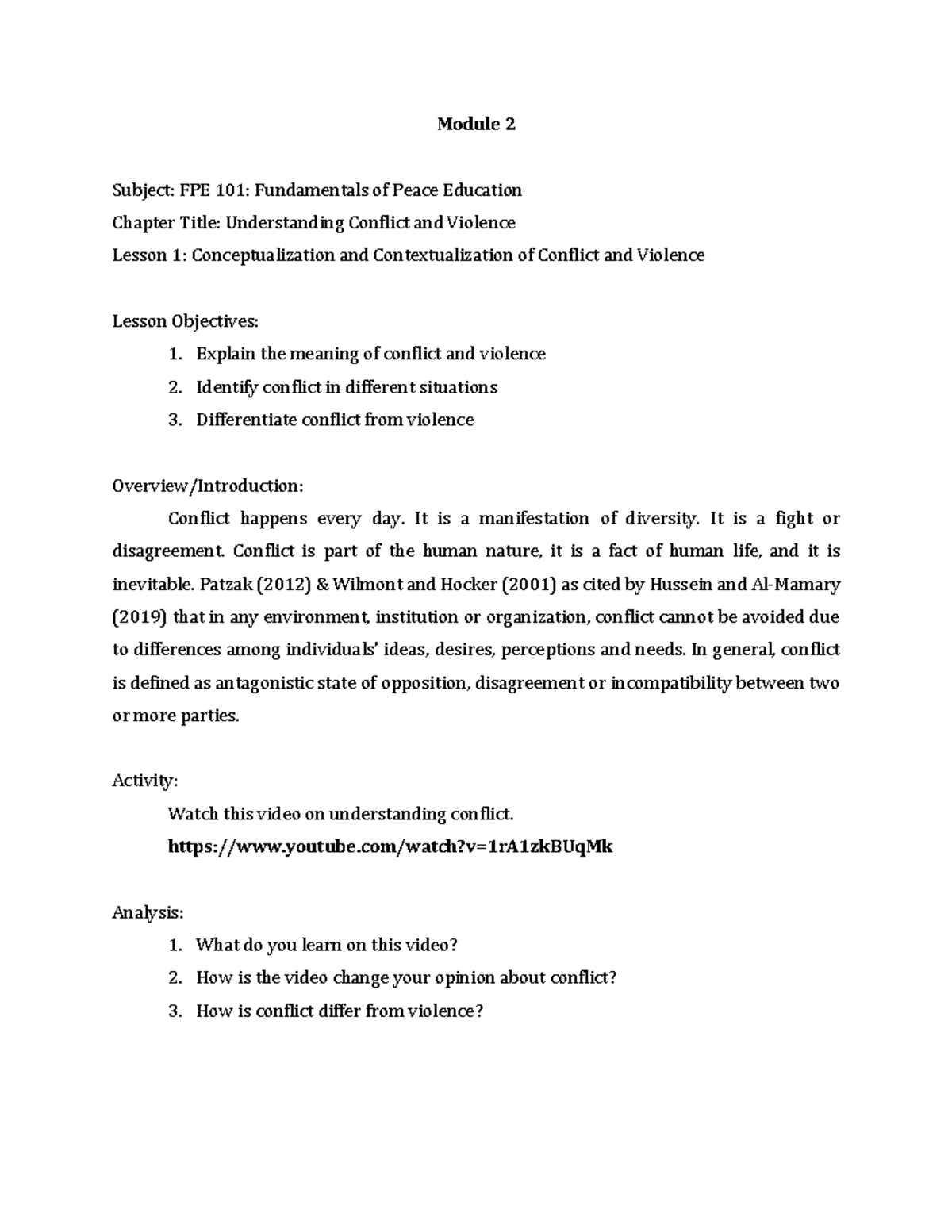 Module 2 Lesson 1 (definition of conflict and violence) - Module 2 ...