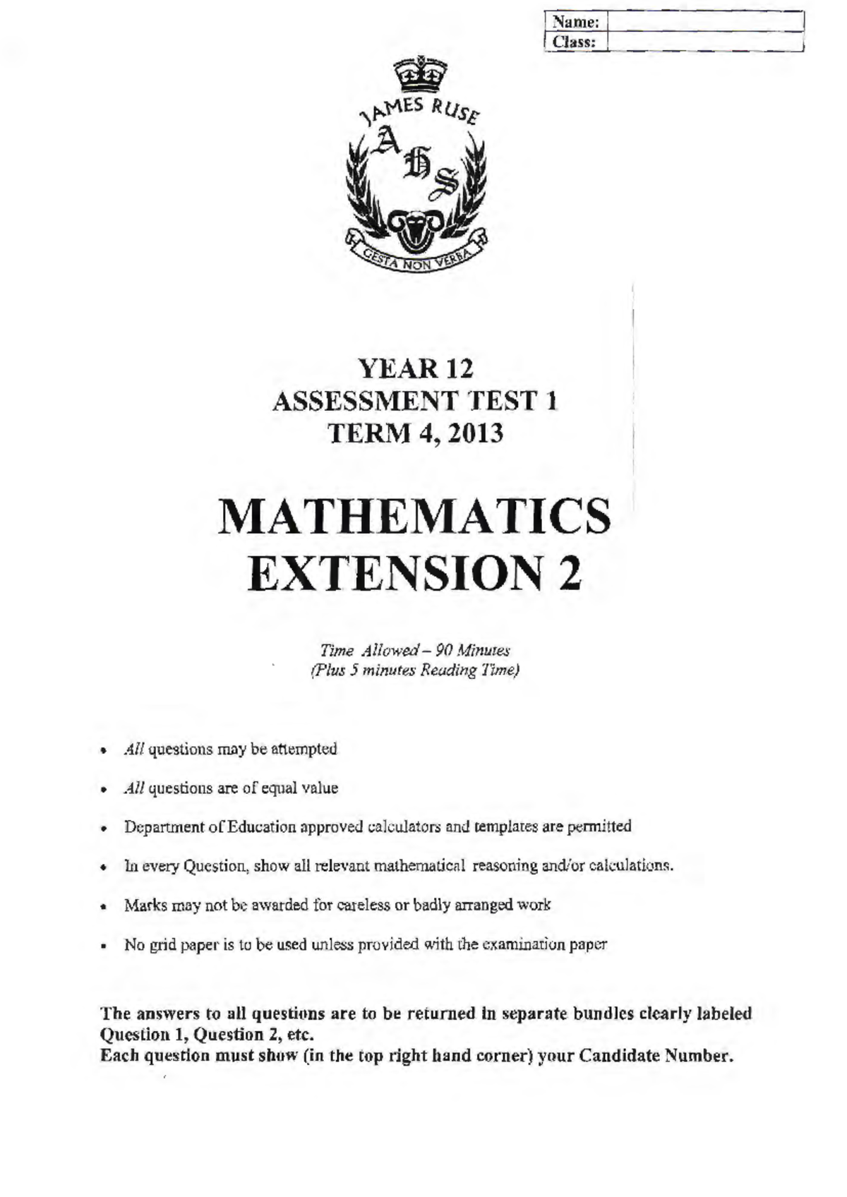 James Ruse 2013 4U CT1 & Solutions - Name: Class: JAMES RUSE H V GESTA ...