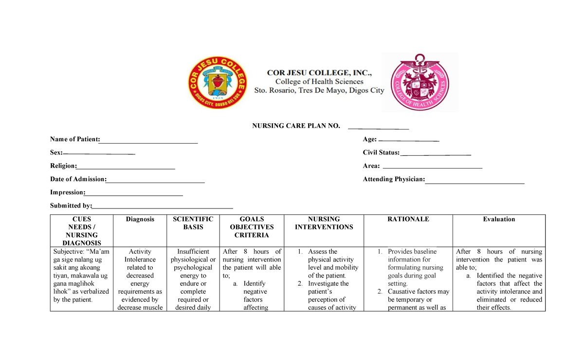 NCP-Activity-Intolerance - NURSING CARE PLAN NO. Name of Patient: Age ...