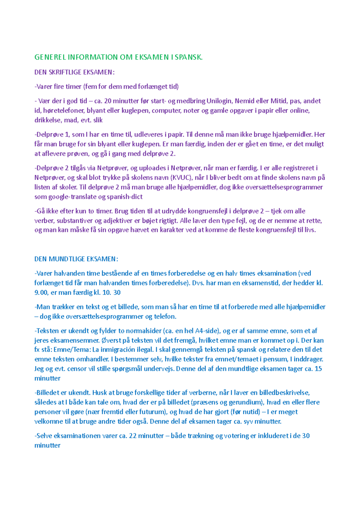 Generel info om eksamen - GENEREL INFORMATION OM EKSAMEN I SPANSK. DEN ...