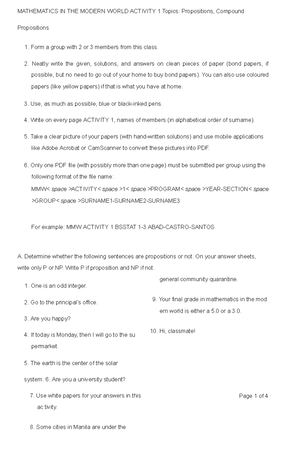 MMW Activity 1 - MATHEMATICS IN THE MODERN WORLD ACTIVITY 1 Topics ...