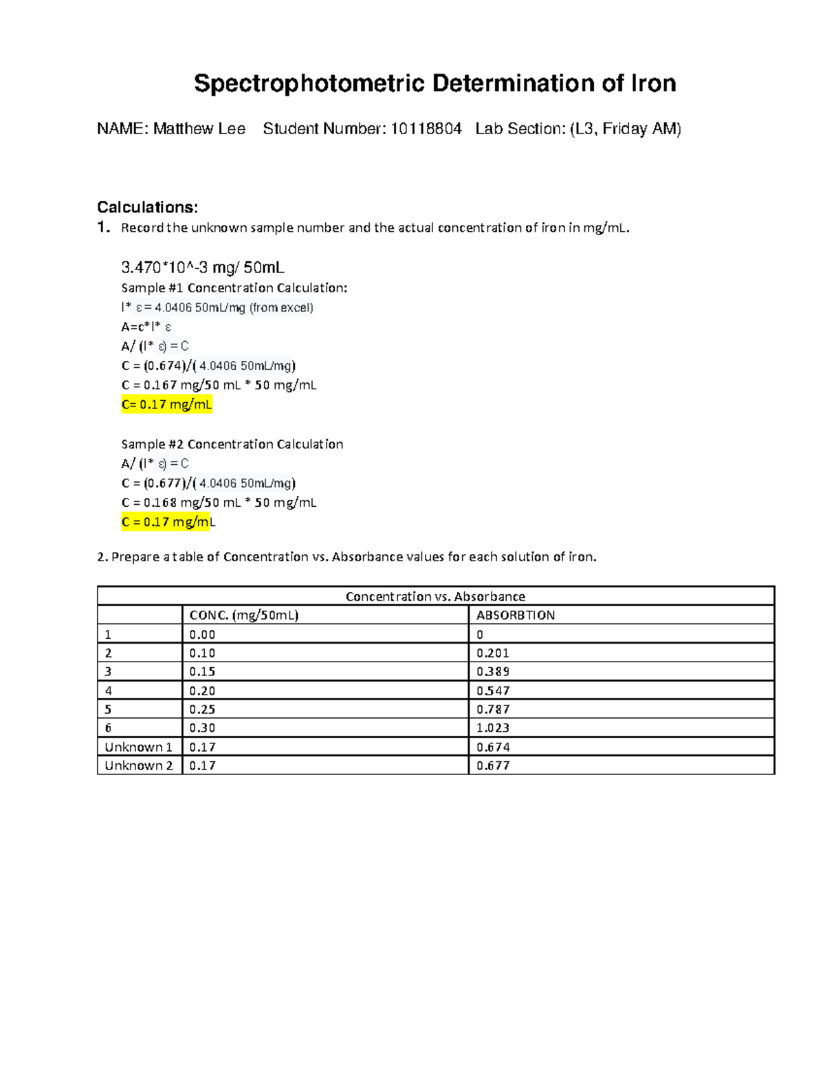 Fe lab writeup V2 - Spectrophotometric Determination of Iron NAME ...