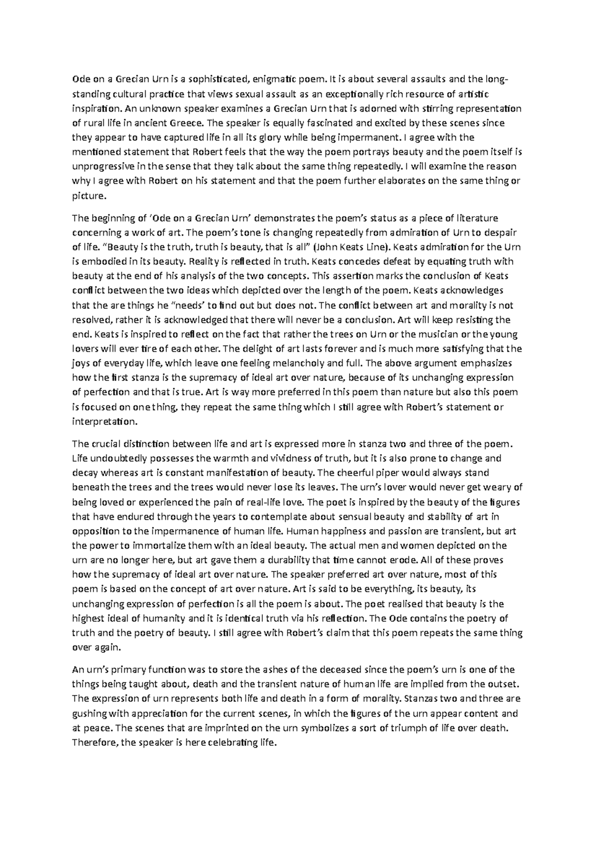 Test- Selected poems - Ode on a Grecian Urn is a sophisticated ...