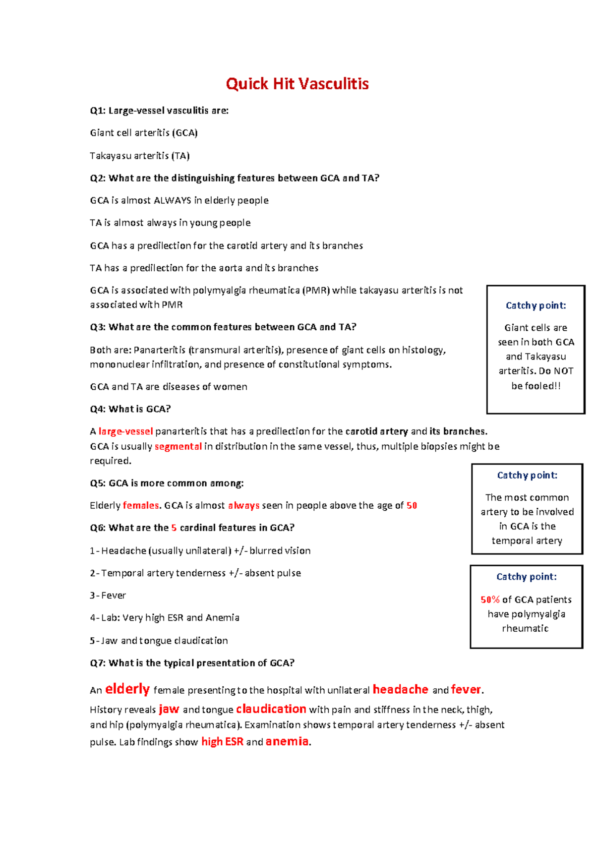 Large vessels vasculitis - Quick Hit Vasculitis Q1: Large-vessel ...