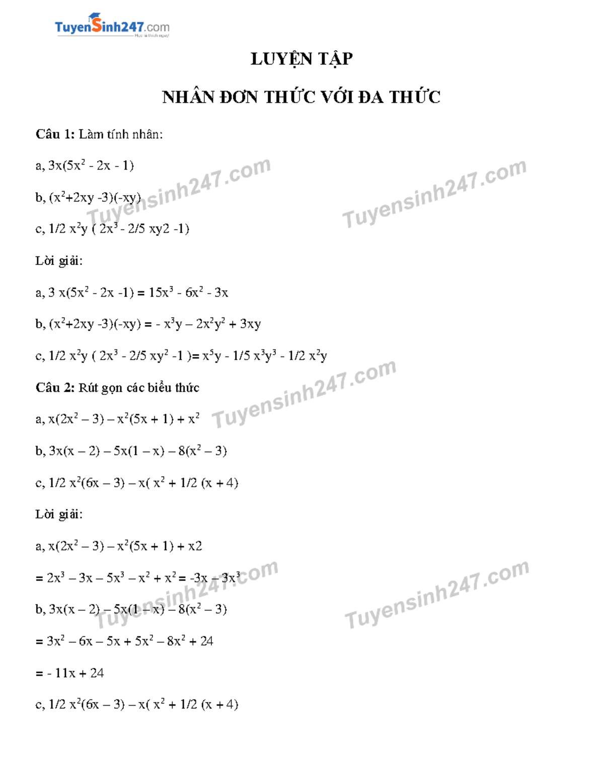 Luyen tap nhan don thuc voi da thuc - LUYỆN TẬP NHÂN ĐƠN THỨC VỚI ĐA ...
