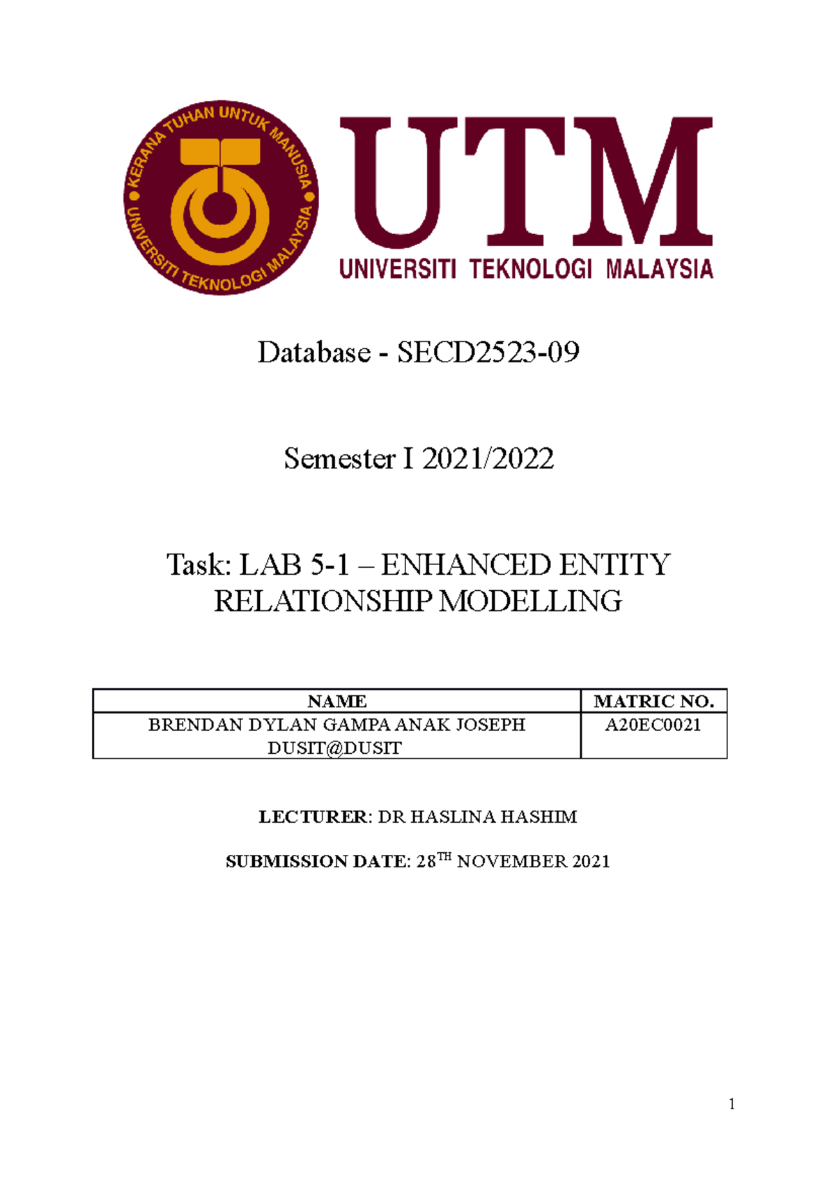 Brendan Dylan Gampa ANAK Joseph Dusit A20EC0021 Lab Activity 5-1 - EERD - Database - SECD2523 ...