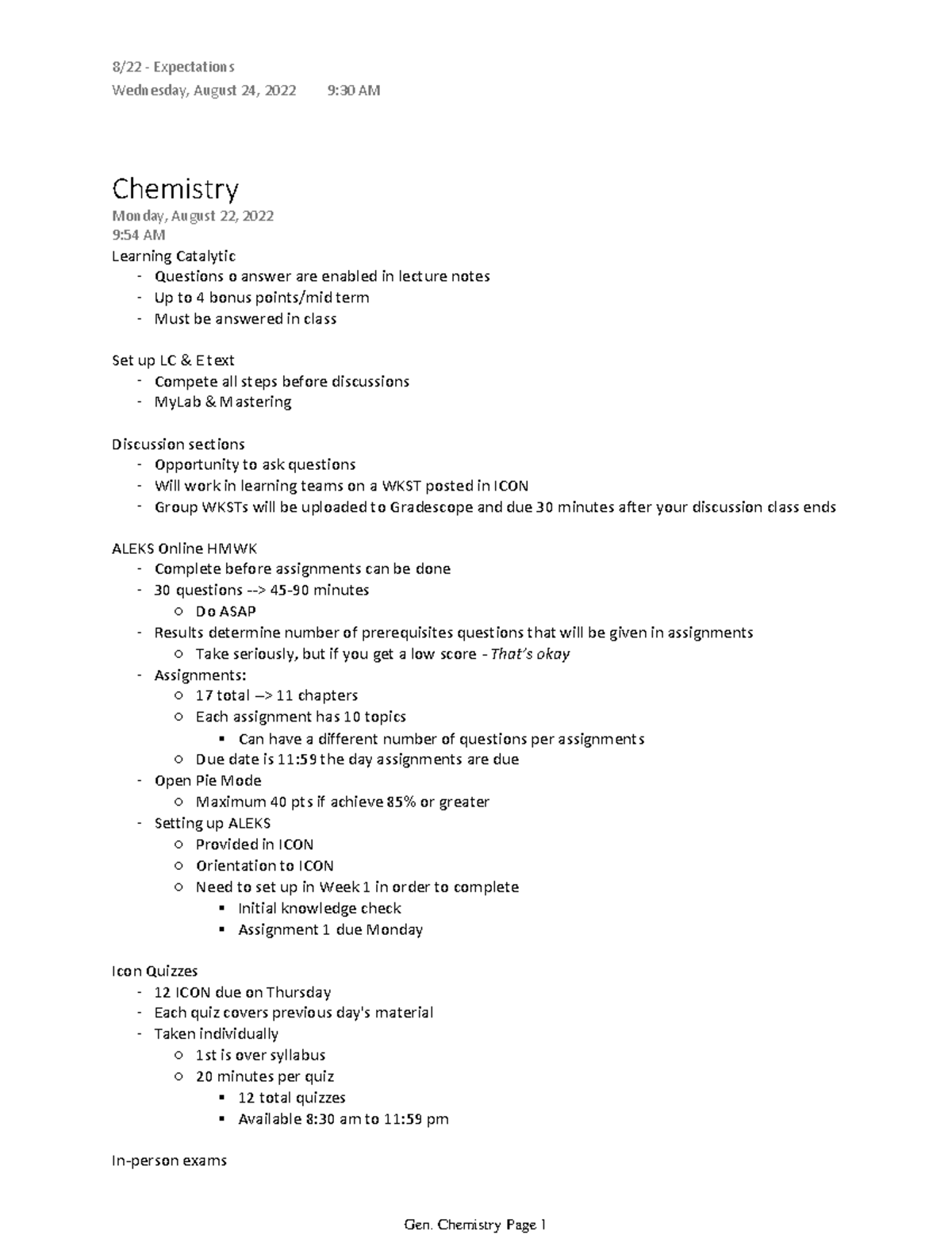 Gen. Chemistry - Chemistry Monday, August 22, 2022 9:54 AM Learning ...
