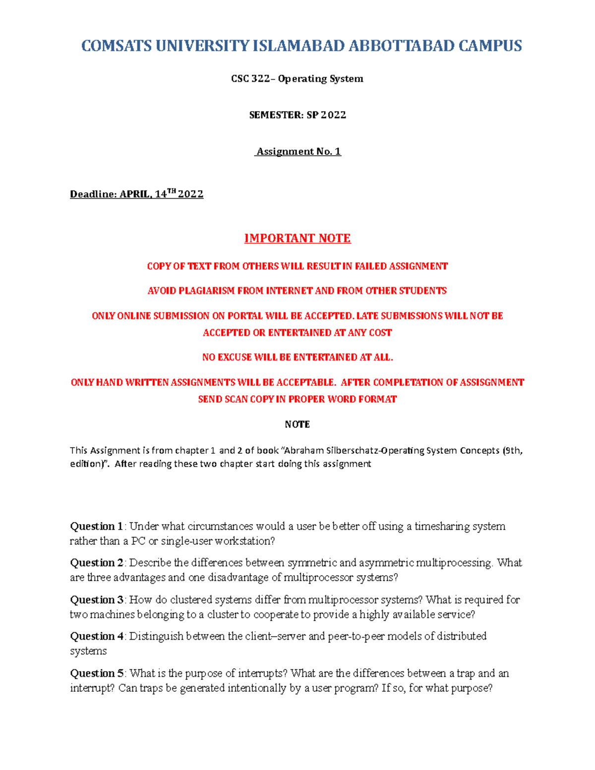 Assignment 1 - oose - l COMSATS UNIVERSITY ISLAMABAD ABBOTTABAD CAMPUS CSC 322– Operating System ...