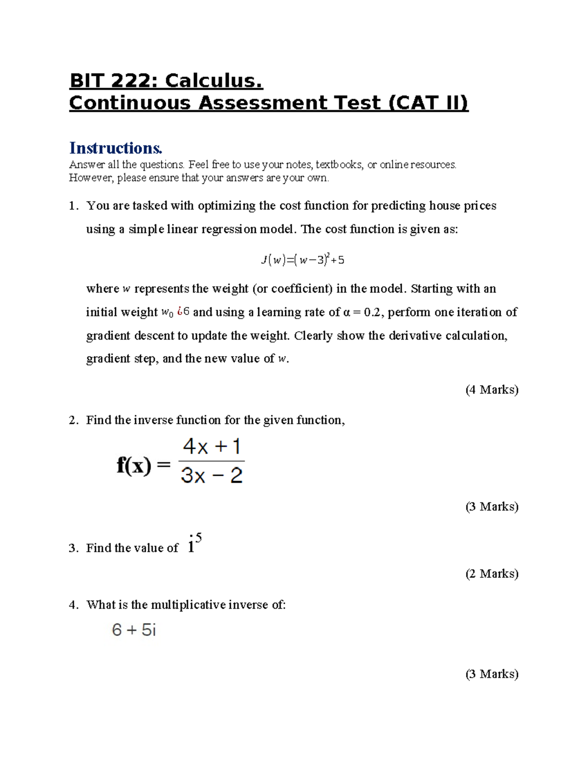 BIT222 Calculus CAT 2 - wow - BIT 222: Calculus. Continuous Assessment ...