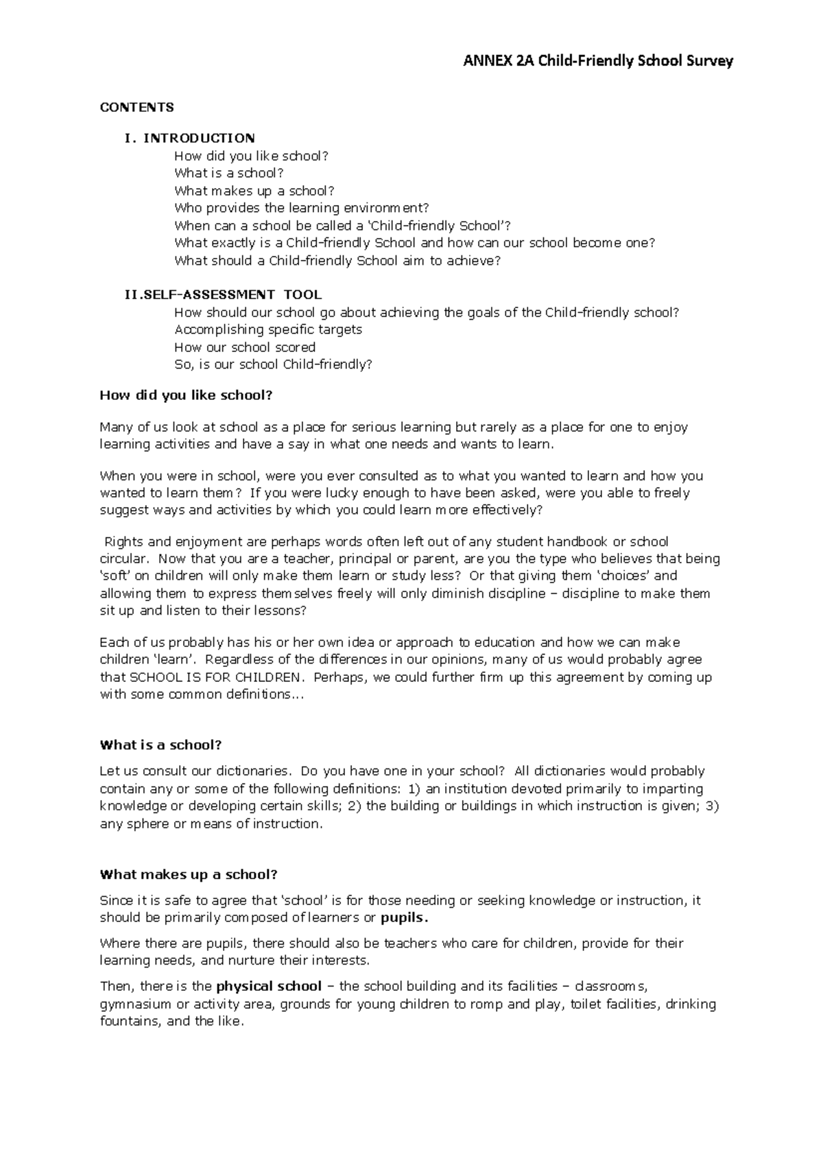Sip annex 2a child-friendly school survey - CONTENTS I. INTRODUCTION ...