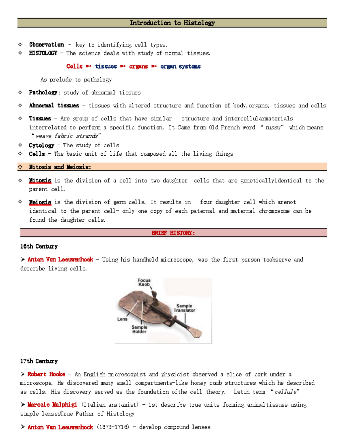 Intro to histology - Introductionto Histology Observation – key to ...