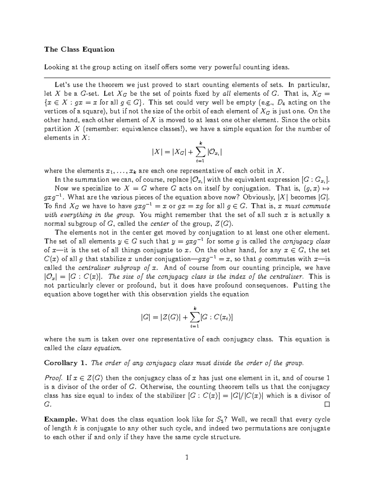 24 The Class Equation - The Class Equation Looking at the group acting ...
