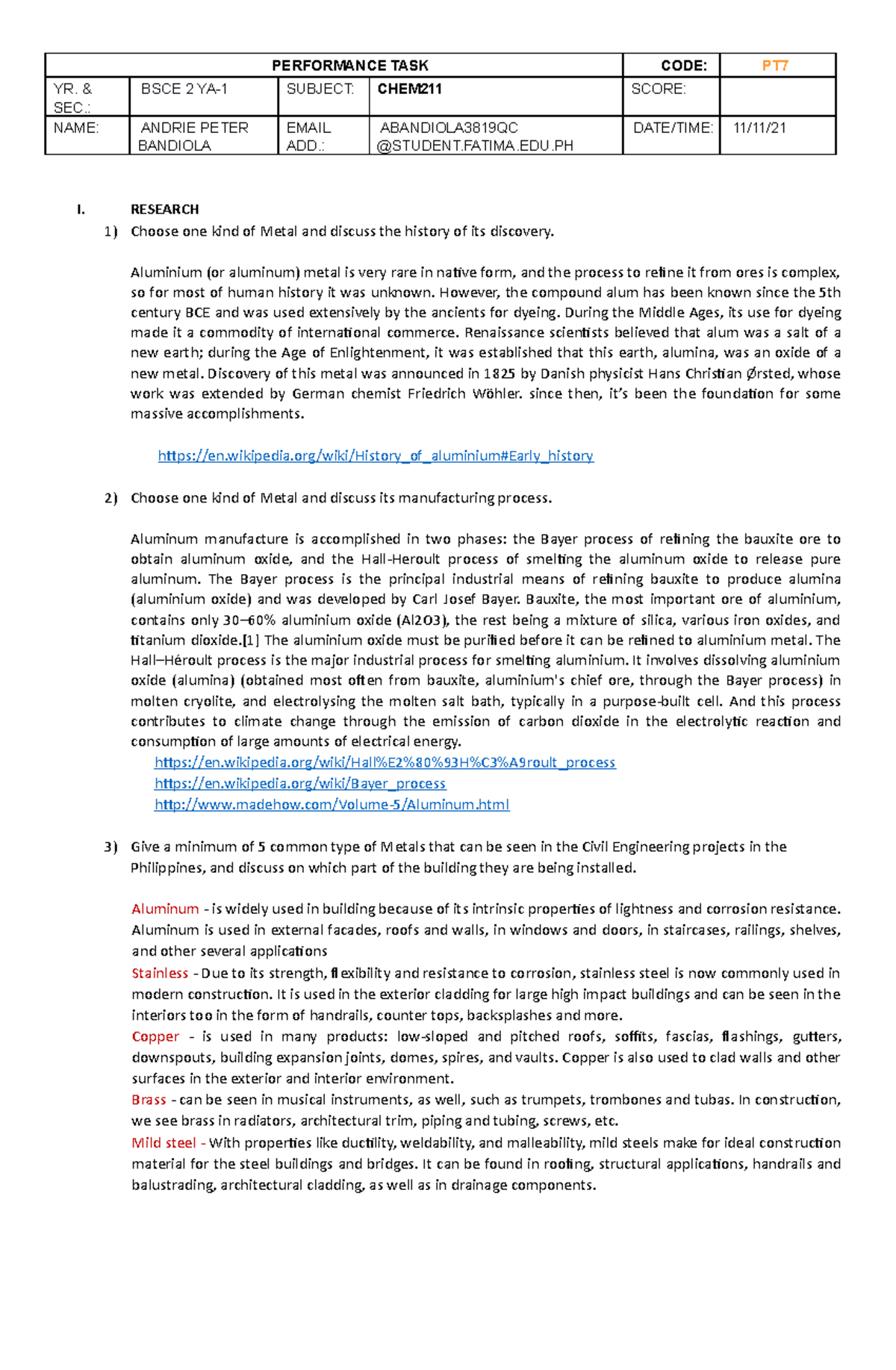 CHEM211 - Performance TASK 7(WEEK 8)fin - PERFORMANCE TASK CODE: PT YR ...