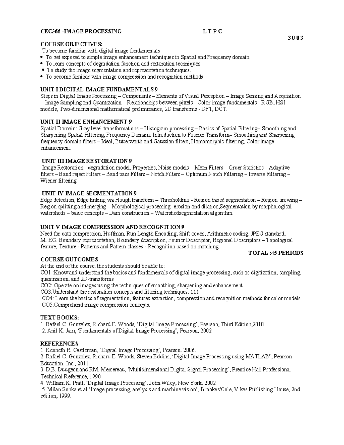 CEC366-image processing Syllabus - CEC366 -IMAGE PROCESSING L T P C 3 0 0 3 COURSE OBJECTIVES ...