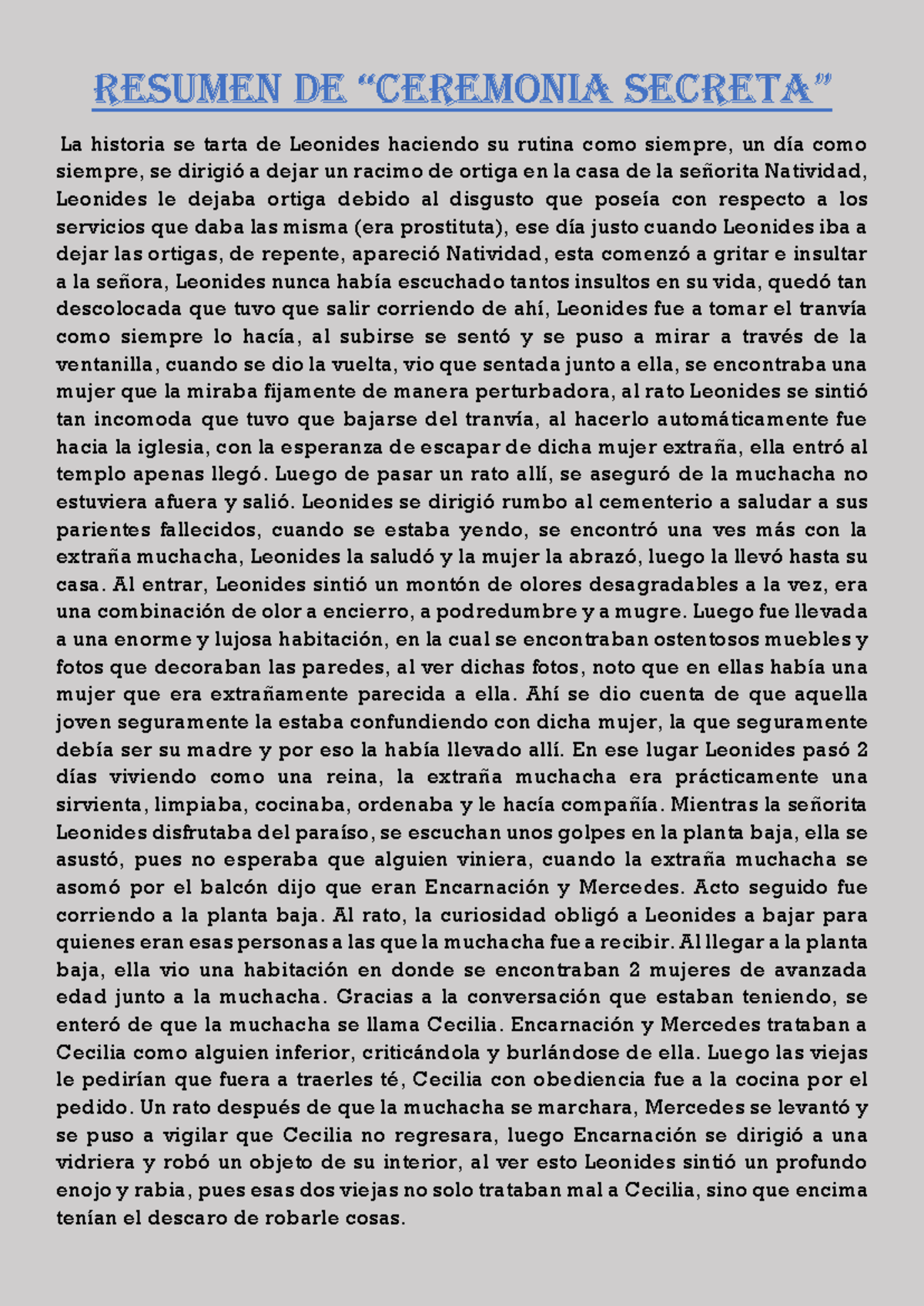 Resumen de Ceremonia Cecreta - Resumen de “ceRemonia secReta” La ...