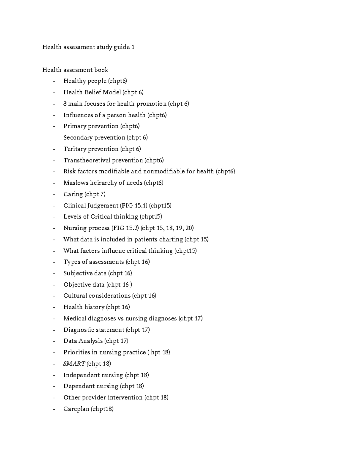 Health Assessment SG1 - Study Guide 1 - Health assessment study guide 1 ...