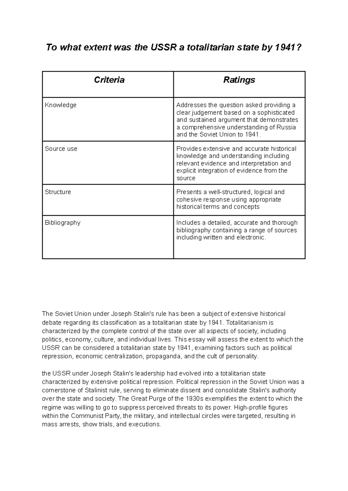 Modern History Assignment - To what extent was the USSR a totalitarian ...