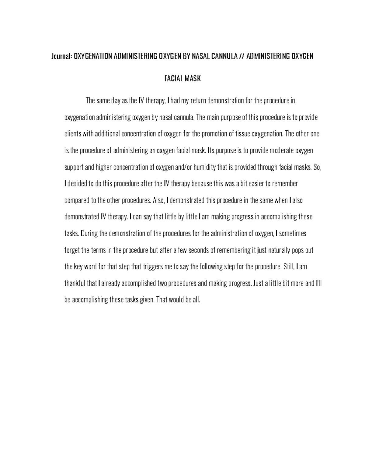 Journal Oxygenation Administering Oxygen BY Nasal Cannula Administering ...
