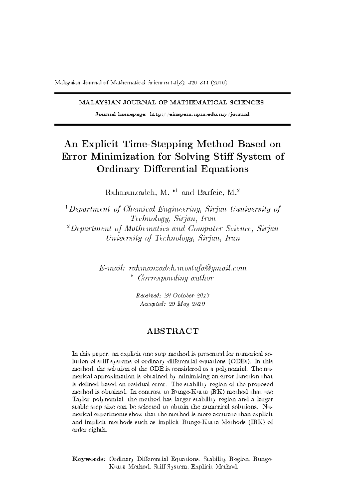 An Explicit Time Stepping Method Based On Error Minimization For Solving Stiff System Of
