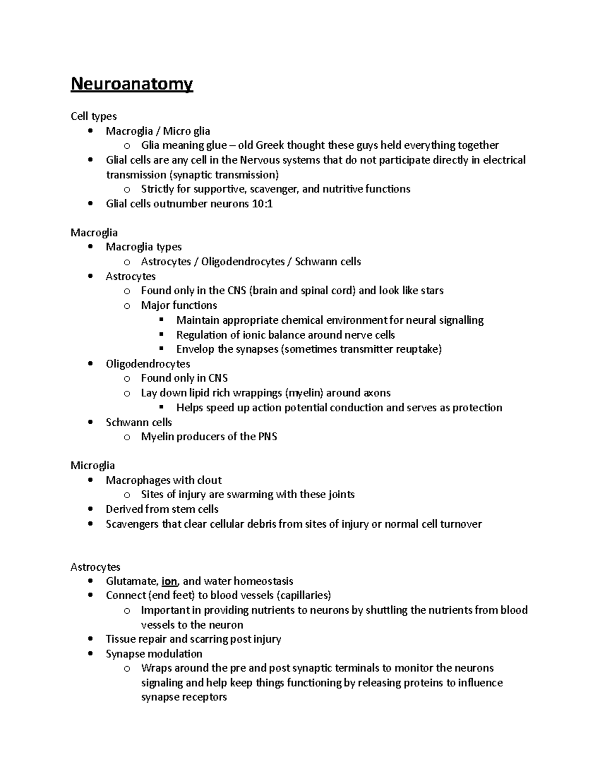 Neuroanatomy - lec. notes - Neuroanatomy Cell types Macroglia / Micro ...