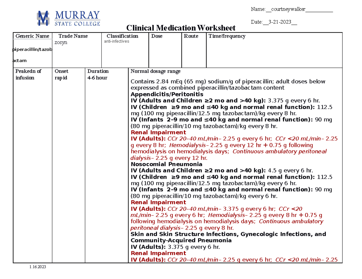 Clinical Medication Worksheet 3-21-23 zosyn - Clinical Medication ...
