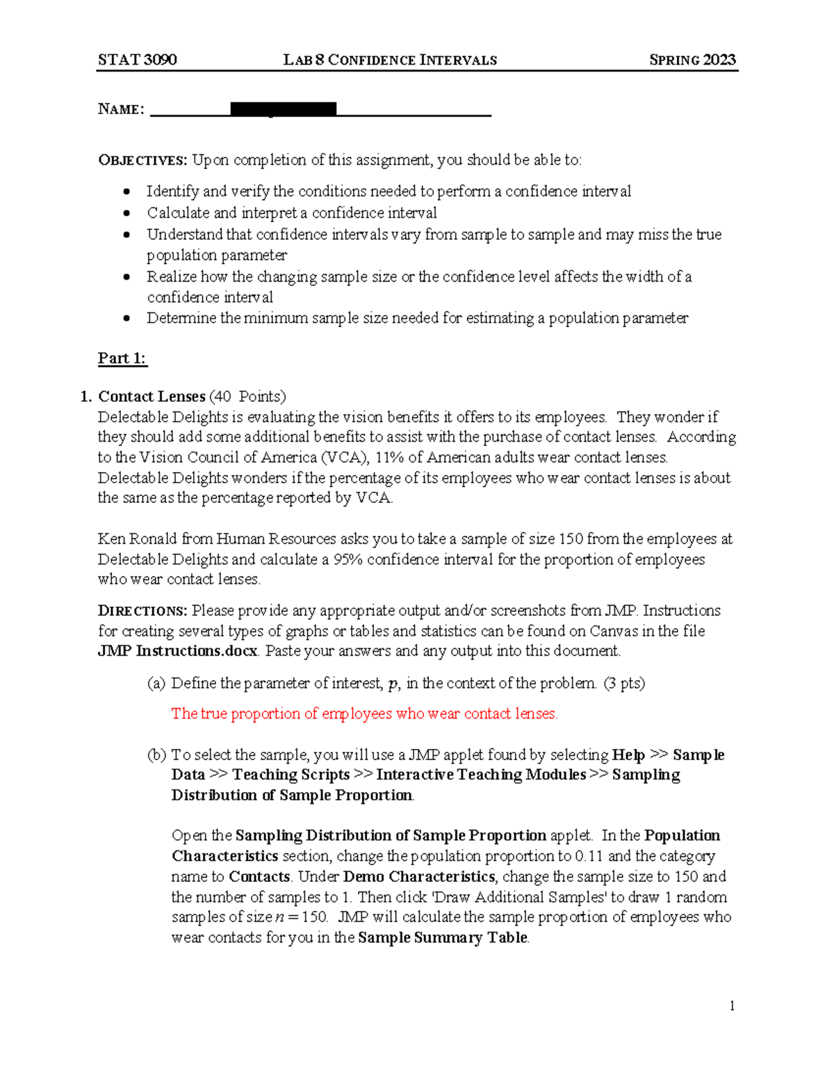 Section 8 Stat 3090 Lab - NAME: Paige Carroll OBJECTIVES: Upon completion of this assignment ...