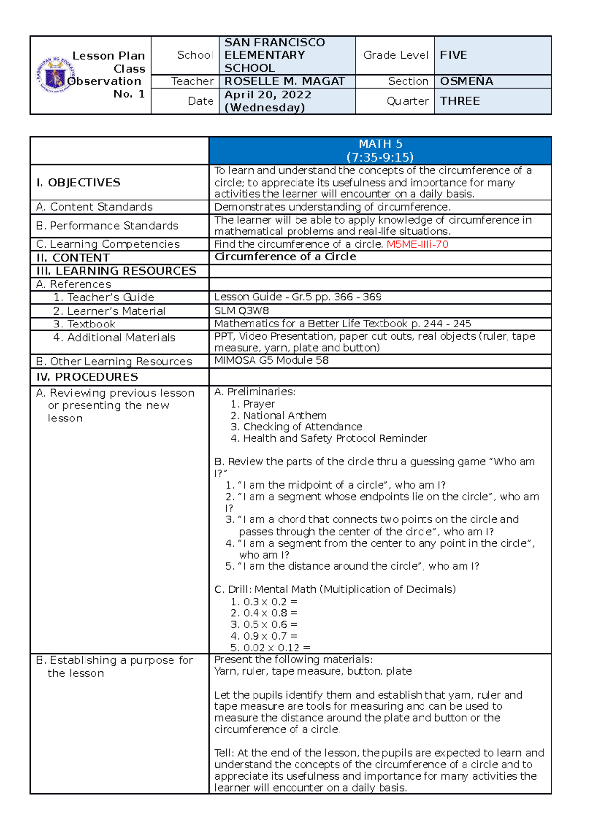 CO 1 DLP in Math - cot - Lesson Plan Class Observation No. 1 School SAN ...