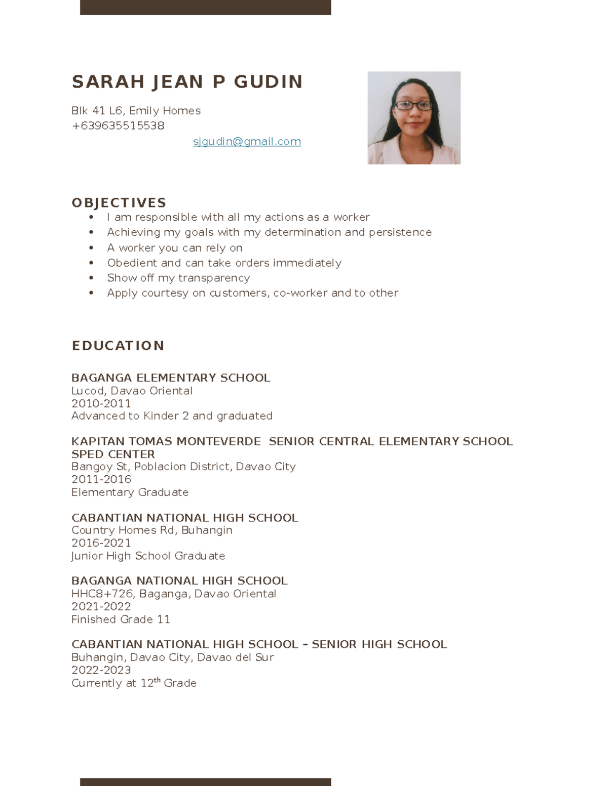 Gudin - Resume - gff - SARAH JEAN P GUDIN Blk 41 L6, Emily Homes ...