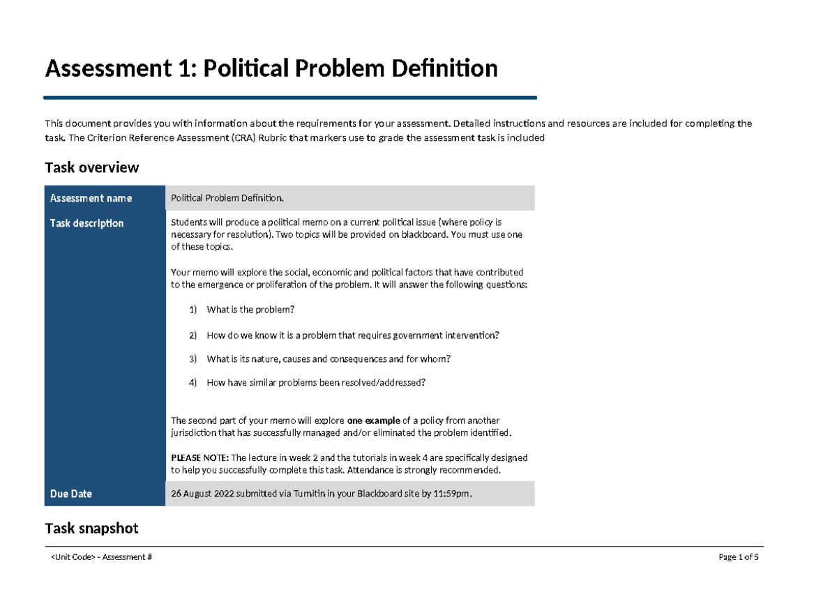 A6has info on the assess - Assessment 1: Political Problem Definition ...