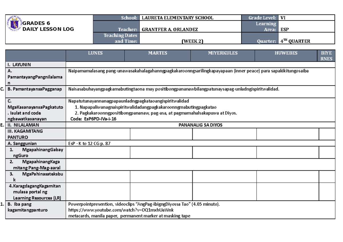 DLL ESP 6 Q4 W2 - PRA - GRADES 6 DAILY LESSON LOG School: LAURETA ELEMENTARY SCHOOL Grade Level ...