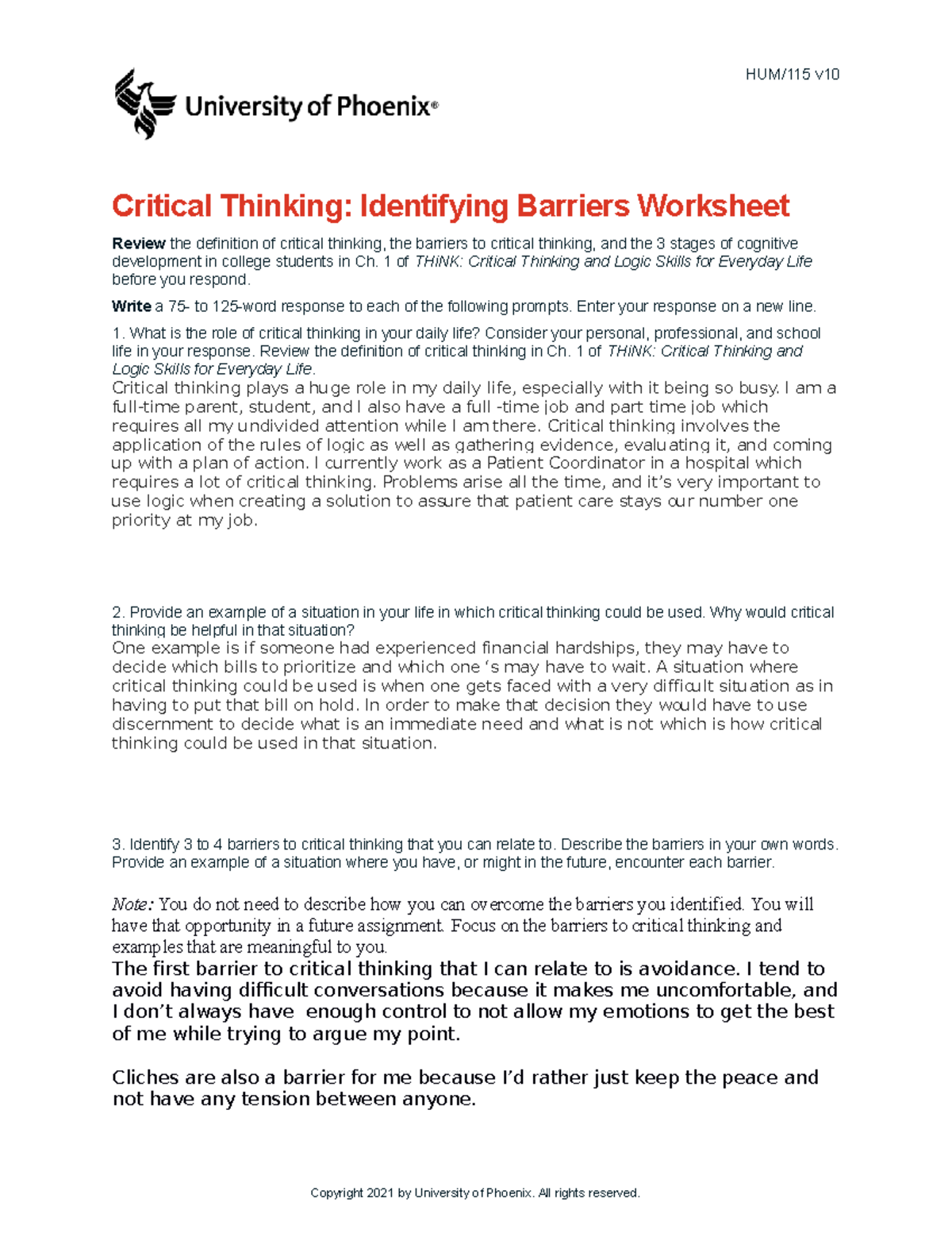 Hum115 v10 wk1 critical thinking identifying barriers worksheet (1)234 ...