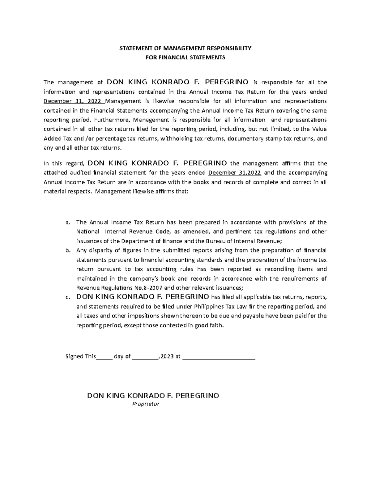 Single Proprietor SMR - for bookkeeping - STATEMENT OF MANAGEMENT ...