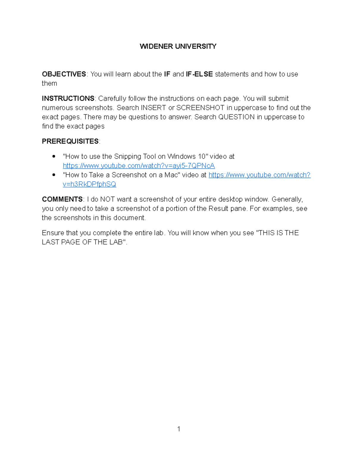 Simple IF Lab - WIDENER UNIVERSITY OBJECTIVES: You will learn about the ...