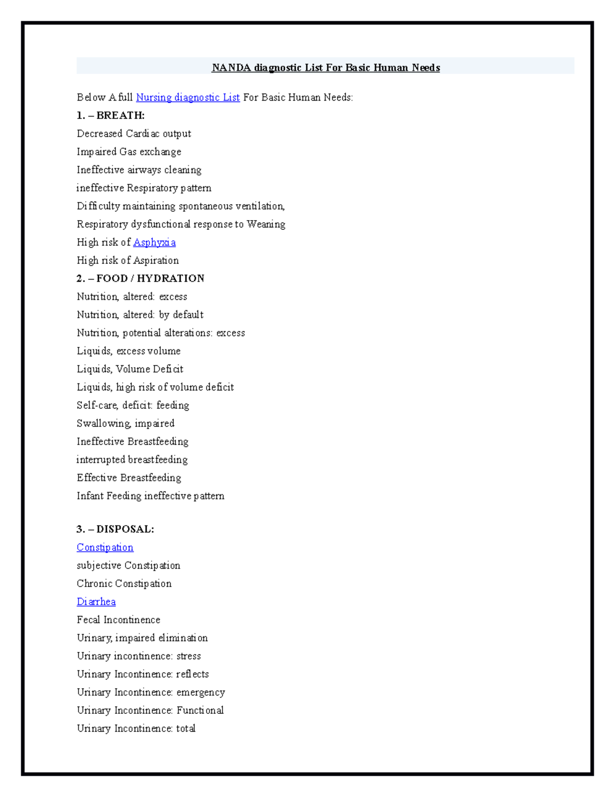 Nursing dx basic human - NANDA diagnostic List For Basic Human Needs ...