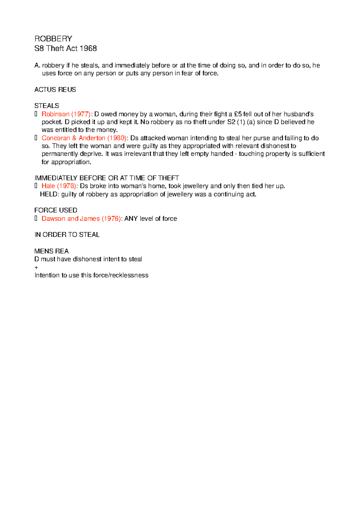 Robbery - Lecture notes 10 - ROBBERY S8 Theft Act 1968 A if he steals ...