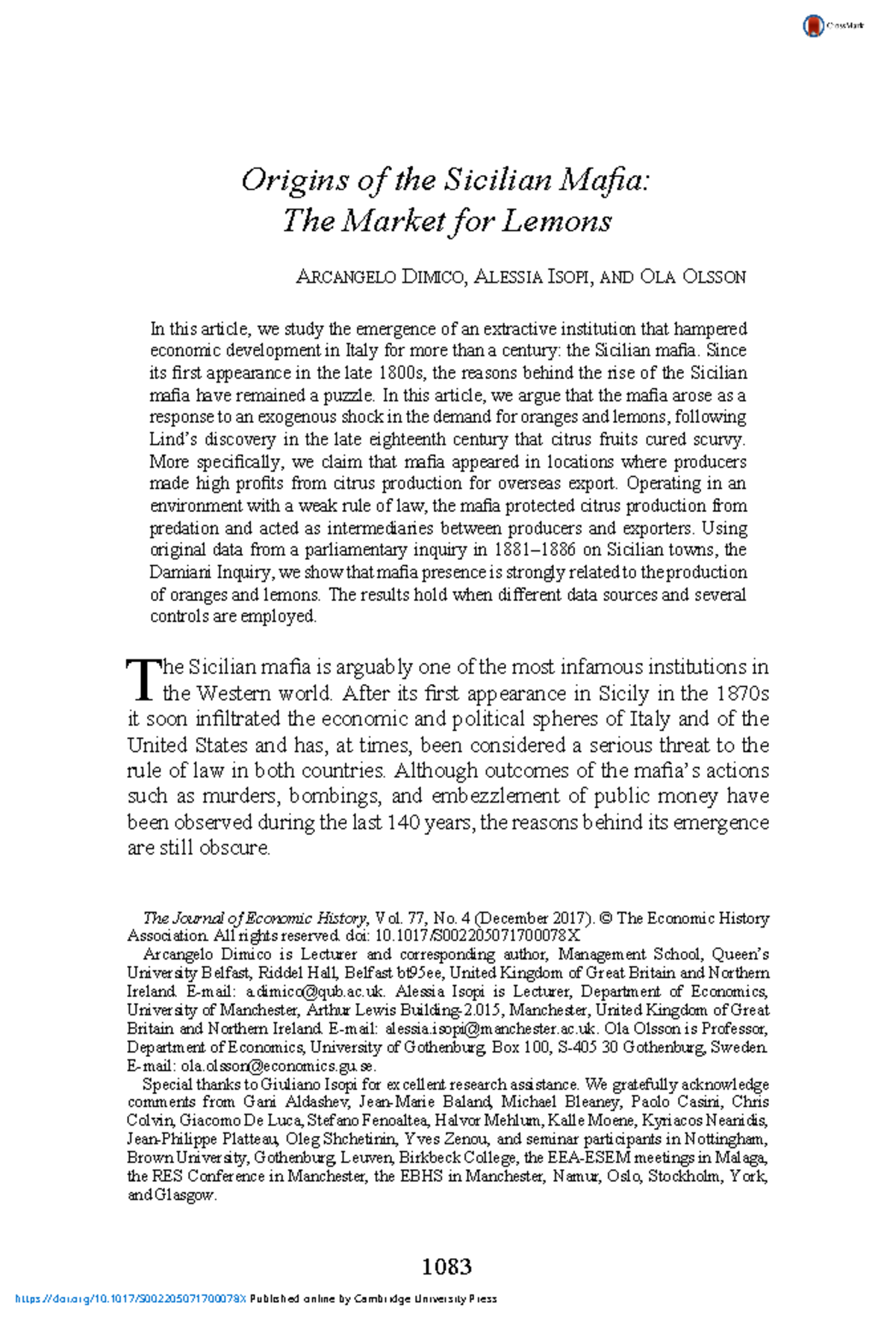 Origins of the Sicilian Mafia - 1083 The Journal of Economic History ...