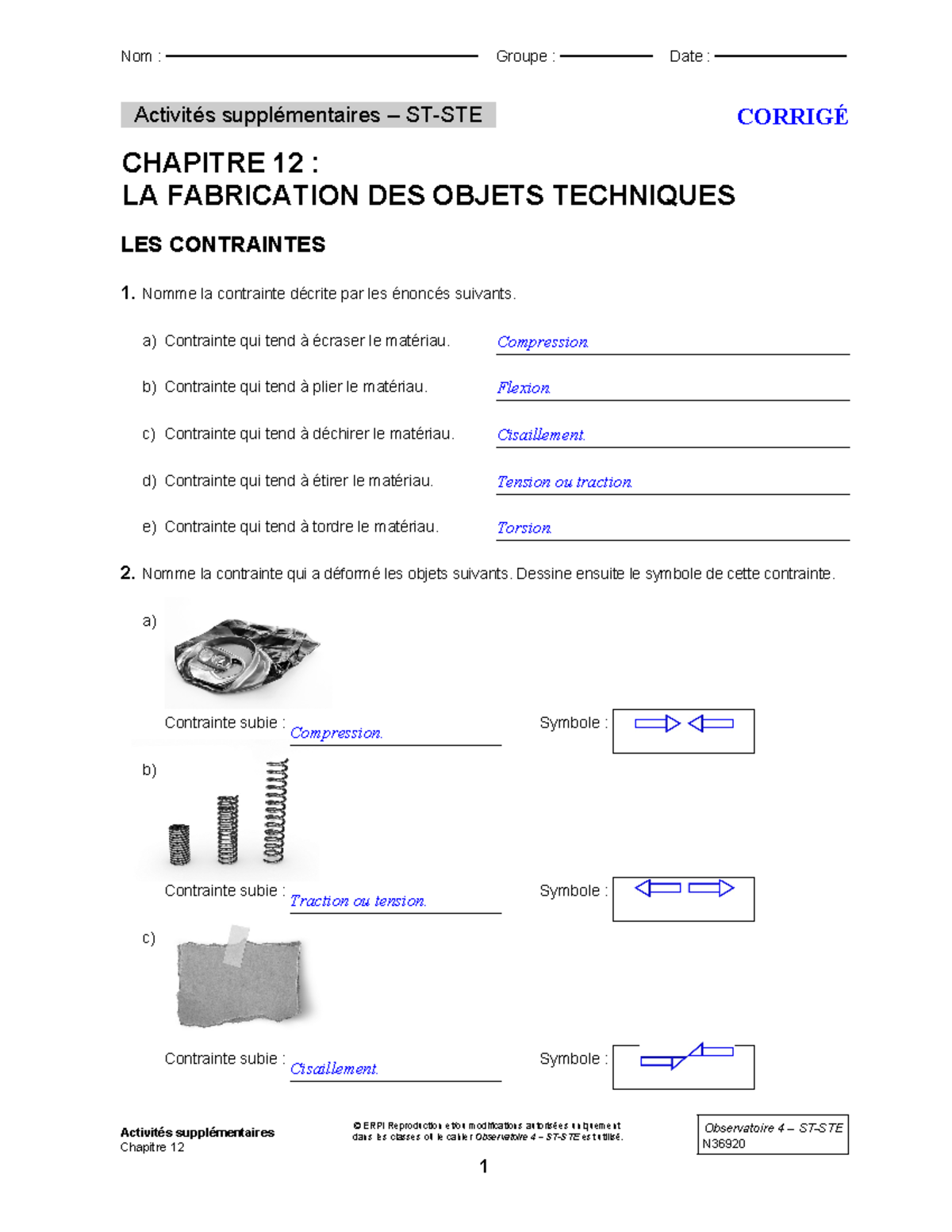 Obs4 ste ch12 act suppl corr - Activités supplémentaires – ST-STE CORRIGÉ CHAPITRE 12 : LA - Studocu