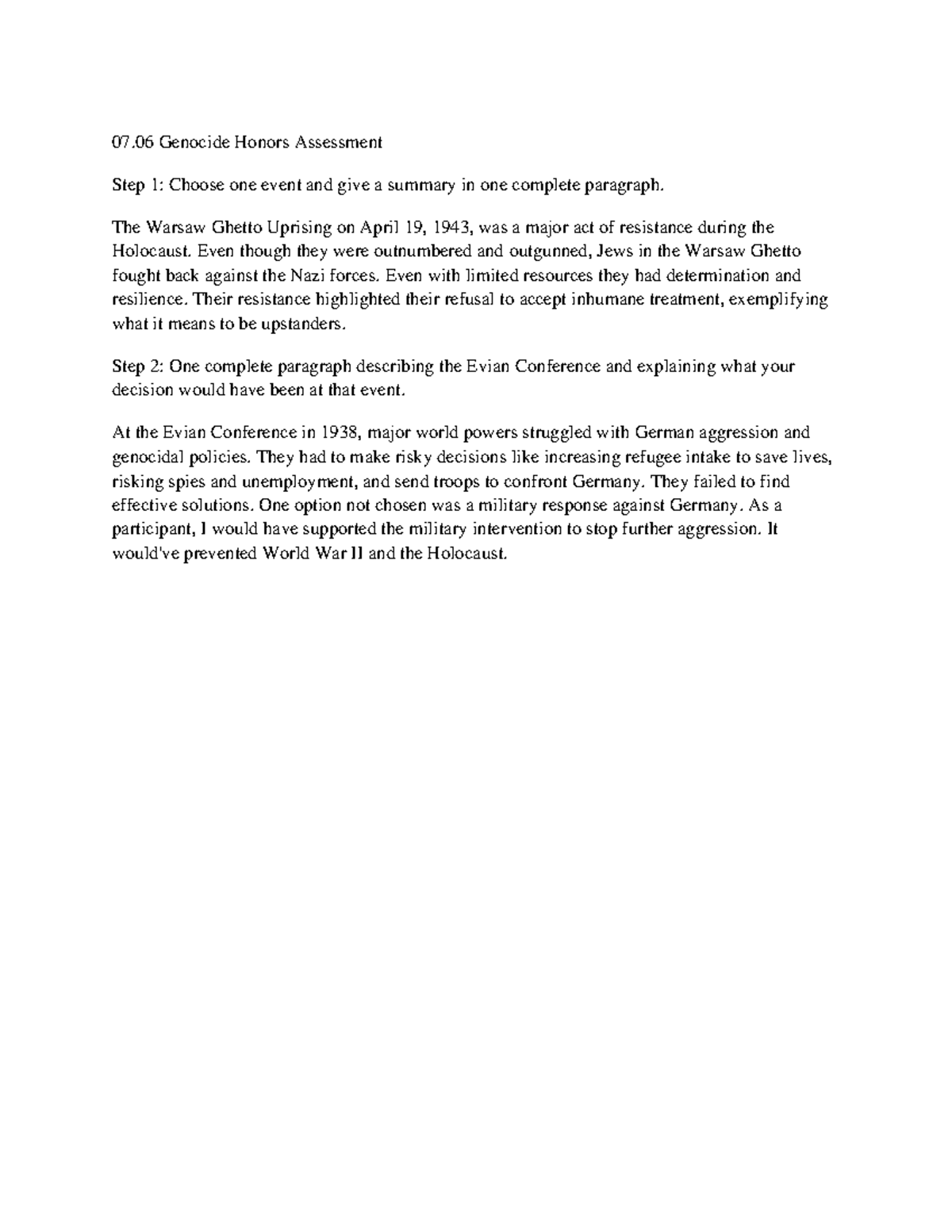 genocide honors - 07 Genocide Honors Assessment Step 1: Choose one ...