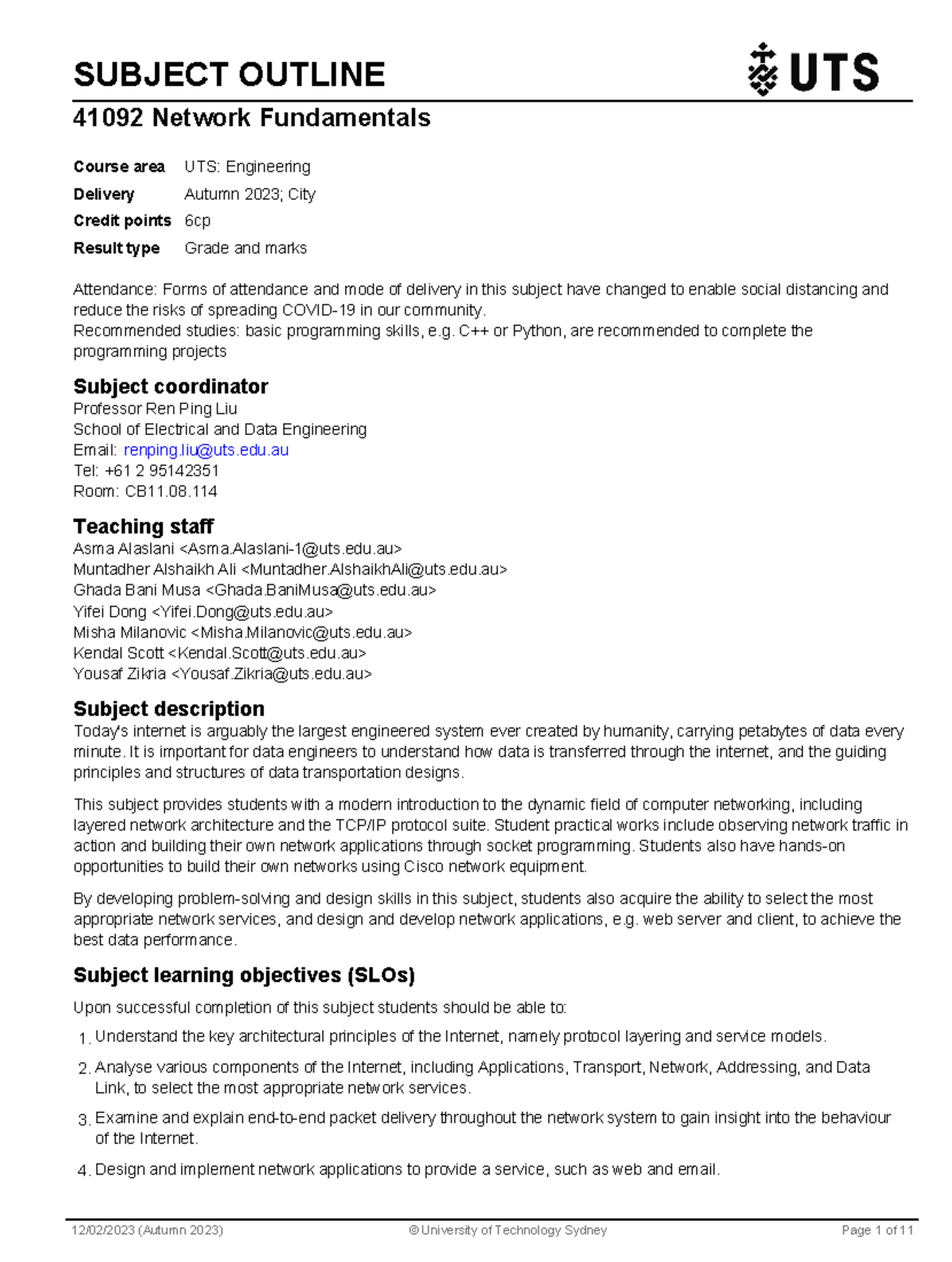 Net Fund subject outline - SUBJECT OUTLINE 41092 Network Fundamentals ...