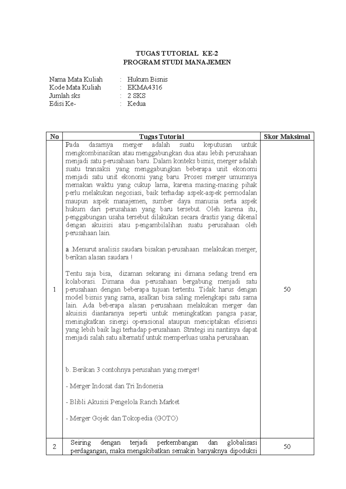 Tugas Tutorial 2 Hukum Bisnis 2022 2 - TUGAS TUTORIAL KE- PROGRAM STUDI MANAJEMEN Nama Mata ...