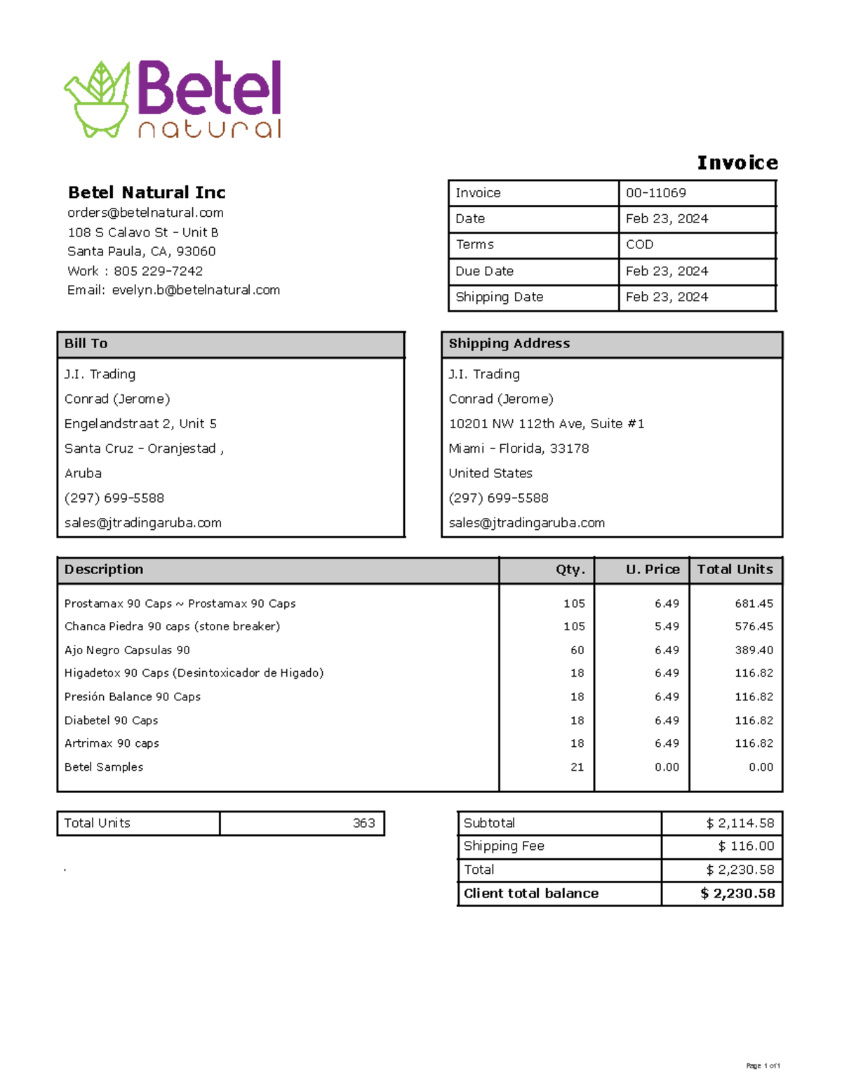 Invoice 00-11069-3 - Ninguna - Invoice Betel Natural Inc orders ...