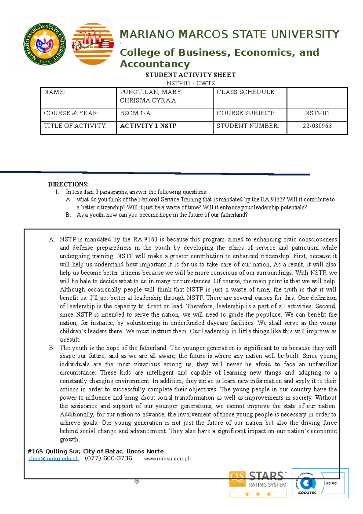 Nstp-1-2 - Hajakwjwhhw - STUDENT ACTIVITY SHEET NSTP 01 - CWTS NAME ...