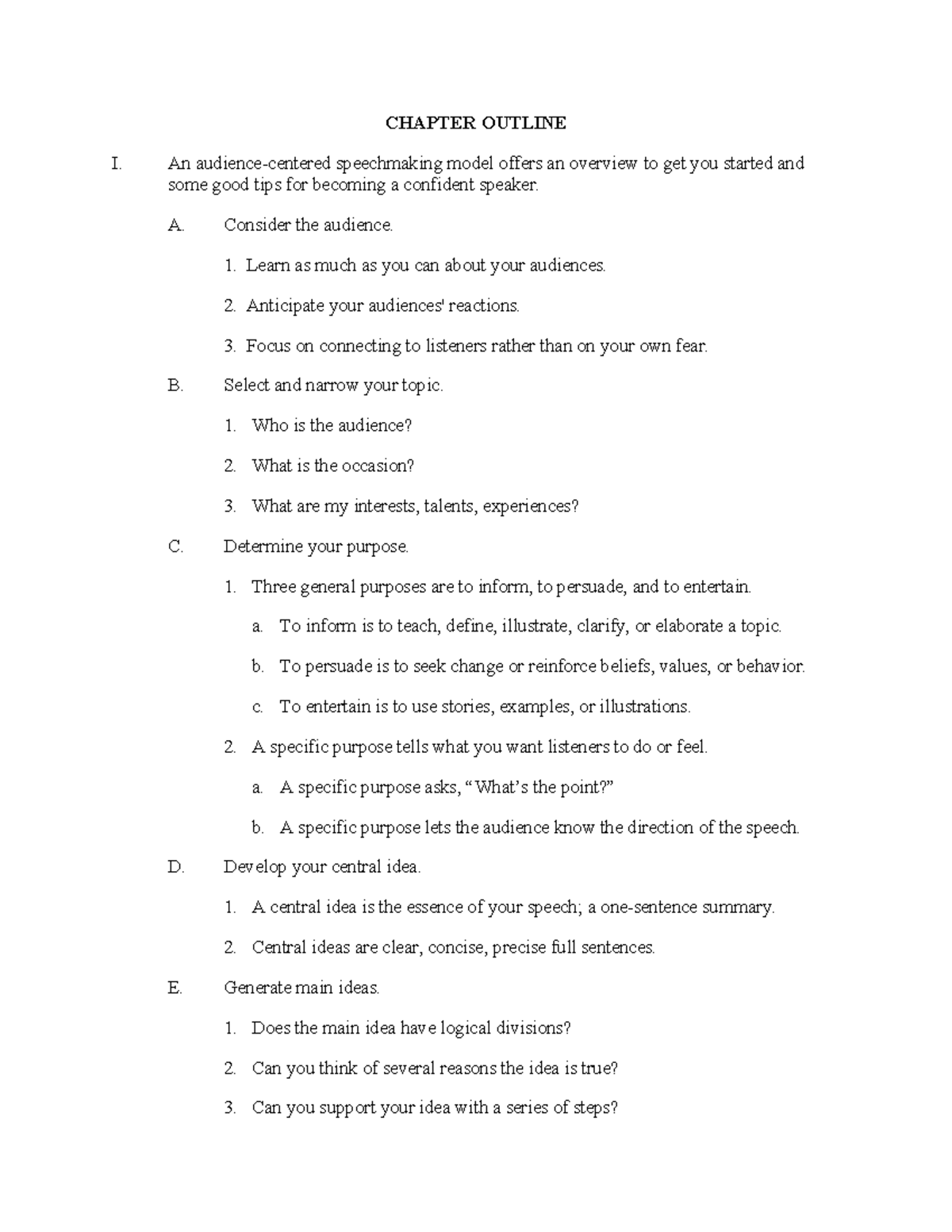 Notes Ch. 2 Public Speaking - CHAPTER OUTLINE I. An audience-centered ...