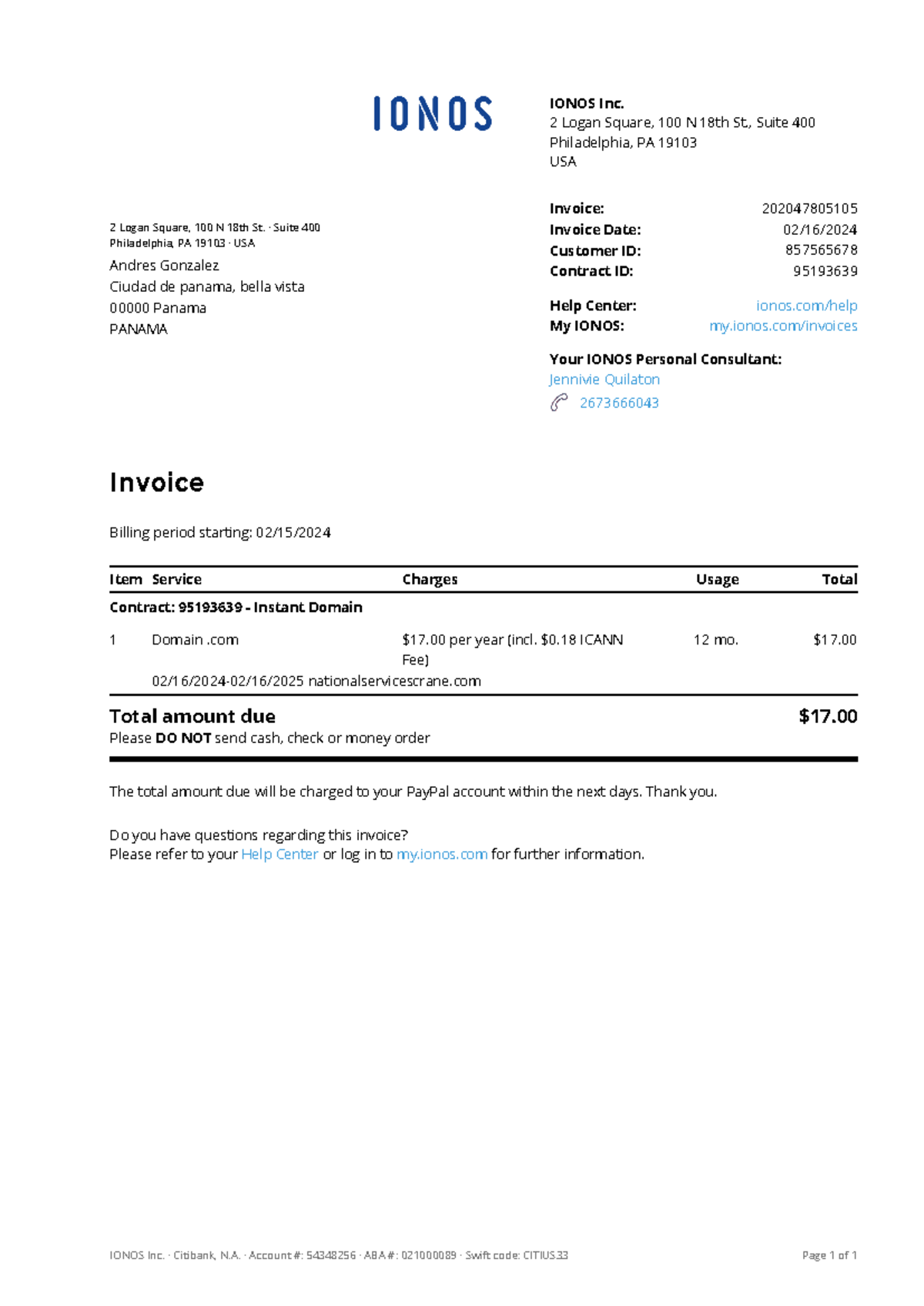 Invoice 2024-02-16 202047805105 V95193639 - 2 Logan Square, 100 N 18th ...