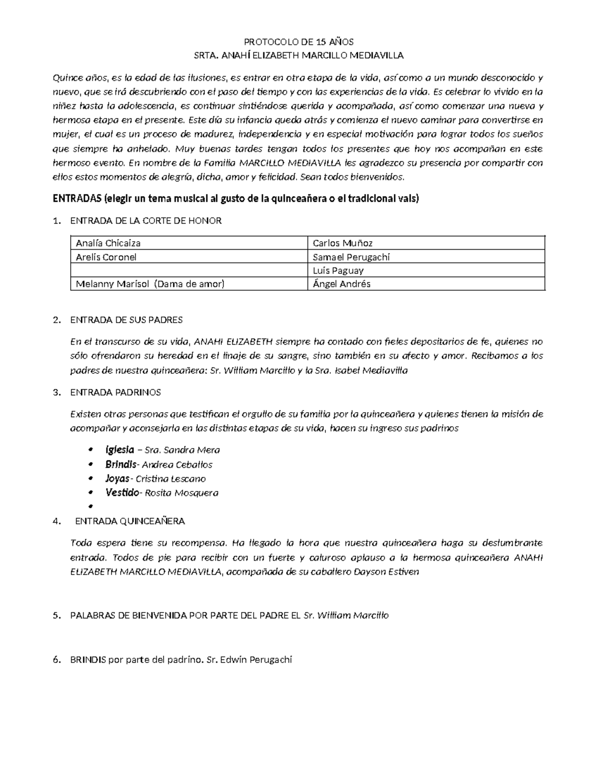 Programa 15 años Anahi - PROTOCOLO DE 15 AÑOS SRTA. ANAHÍ ELIZABETH MARCILLO MEDIAVILLA Quince ...