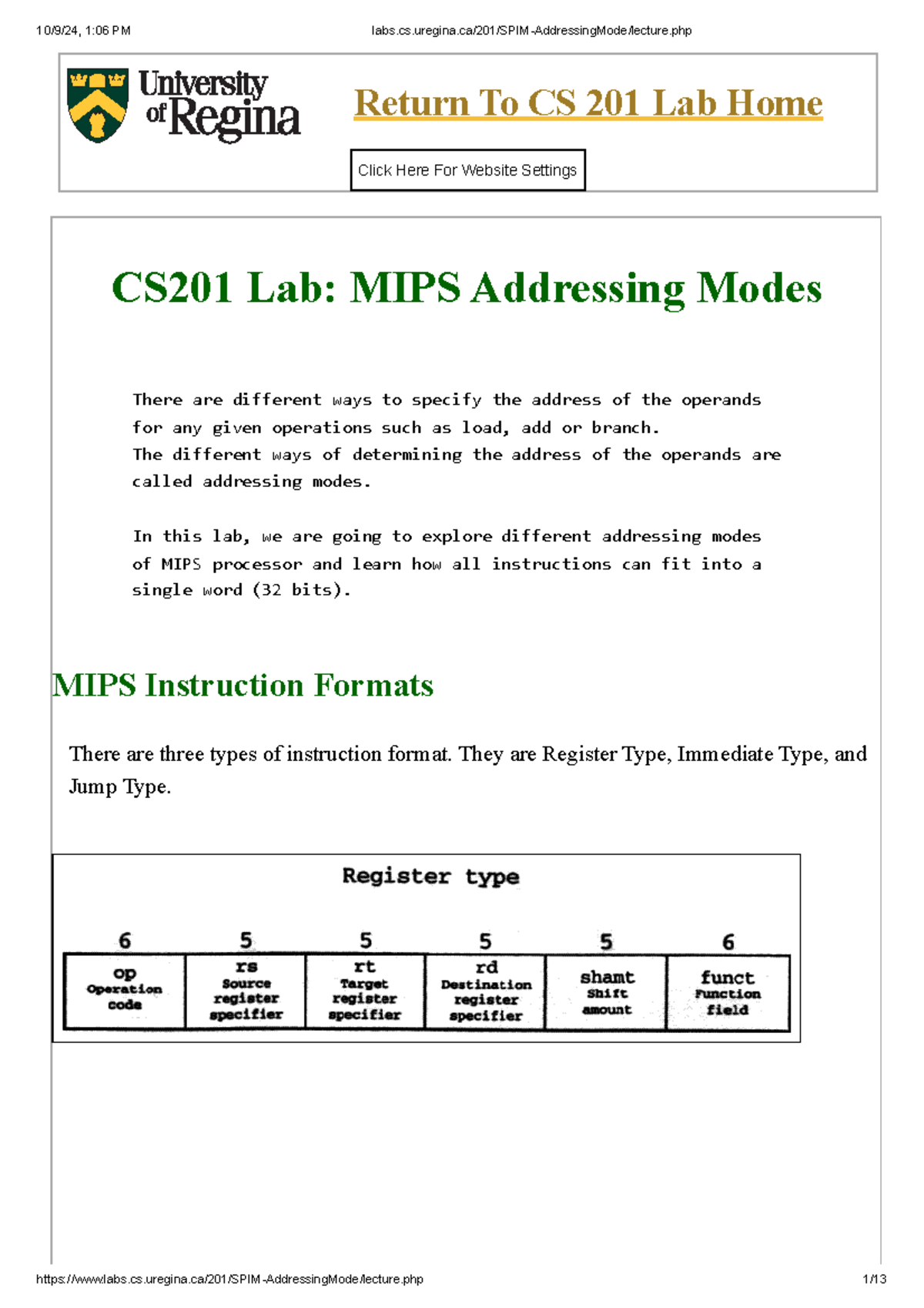 Labs.cs.uregina - notes - CS201 Lab: MIPS Addressing Modes There are ...