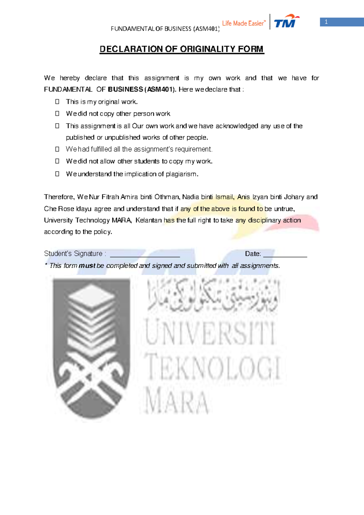 TM - Lecture Notes - FUNDAMENTAL OF BUSINESS (ASM401) DECLARATION OF ...